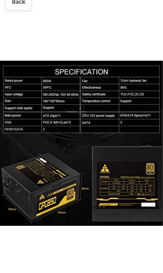 GOLDEN FIELD GPG 80+ Gold 850W PC Power Supply Unit, Fully Modular ...