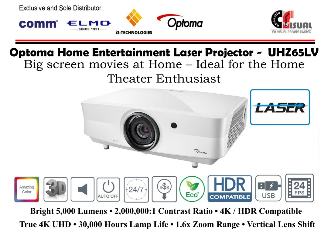 Optoma UHZ65LV - 5,000 Lumens 4K UHD Laser Home Entertainment Projector ...