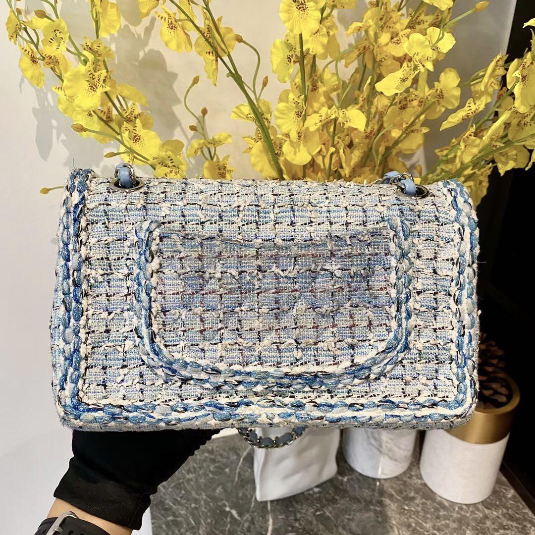 Authentic Chanel Light Blue Tweed Medium Double Flap Silver Hardware ...