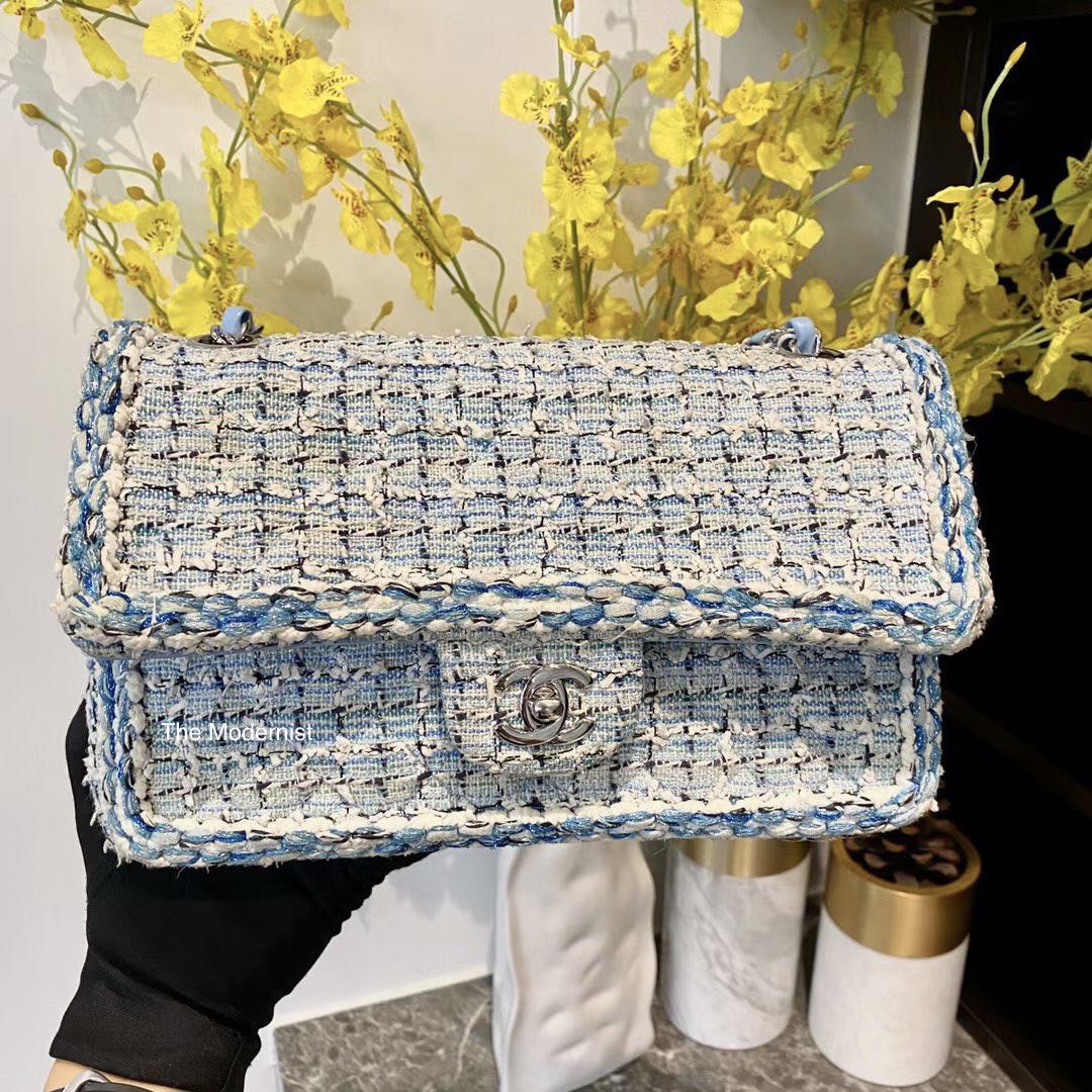 Authentic Chanel Light Blue Tweed Medium Double Flap Silver Hardware ...