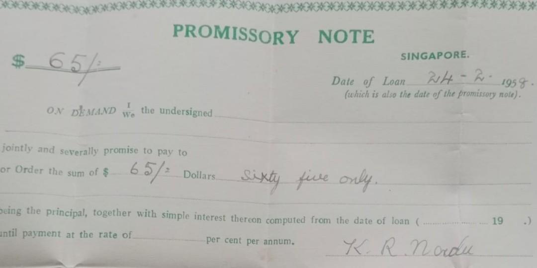 SINGAPORE PROMISSORY NOTE ( Loan Document ) 1958 with Meter Stamp ...