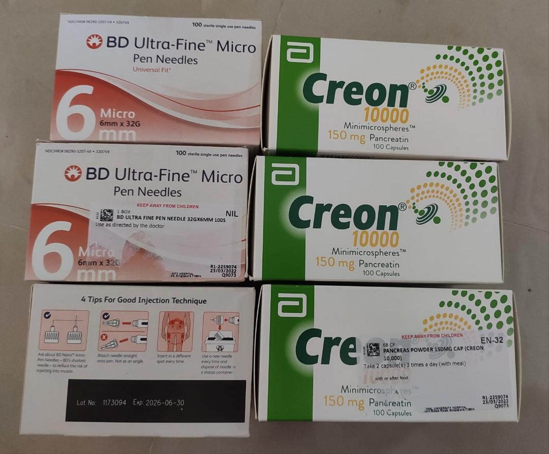 Creon 10,000 Pancreatin 100 capsules and pen needles, Health ...