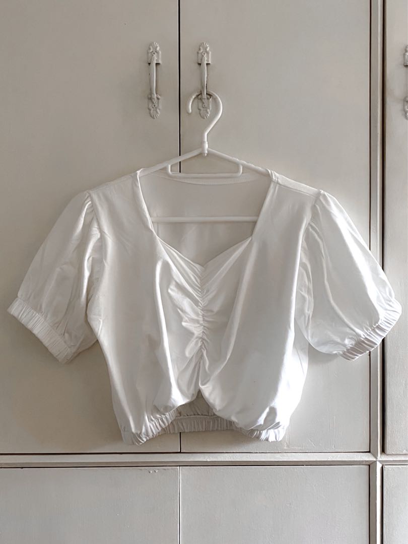 White Korean Garter Crop Top, Women's Fashion, Tops, Blouses on Carousell