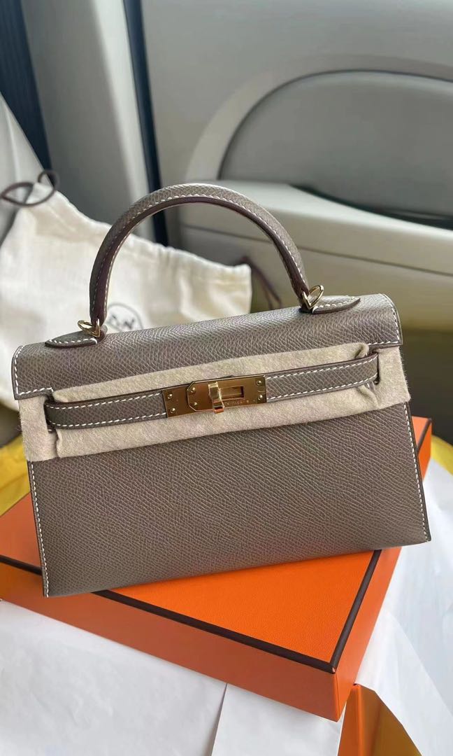 Hermes mini kelly 2 Etoupe Epsom ghw 大象灰 二代 金扣 Stamp U full set, 名牌, 手袋 ...