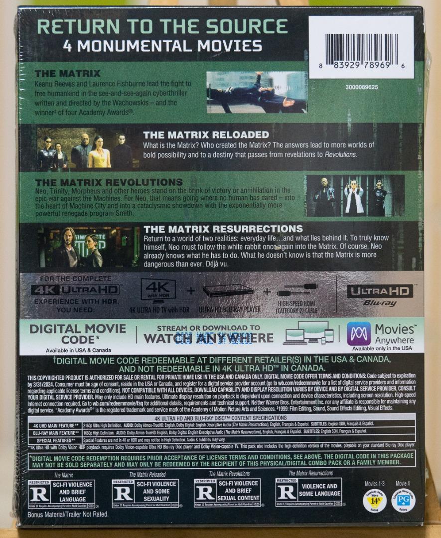 The Matrix 4-Film Deja Vu Collection 4K Blu-ray, Hobbies & Toys, Music ...