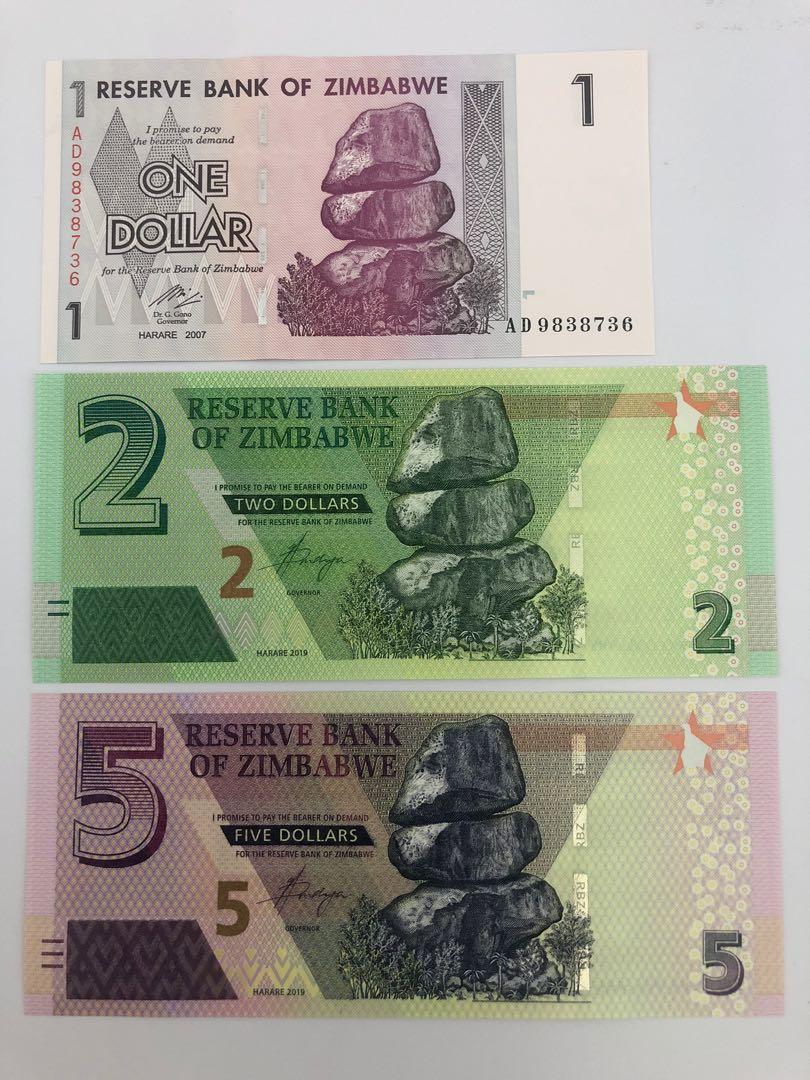 2007 Zimbabwe 1 Dollar Banknote & 2019 Zimbabwe 2 Dollars / 5 Dollars ...