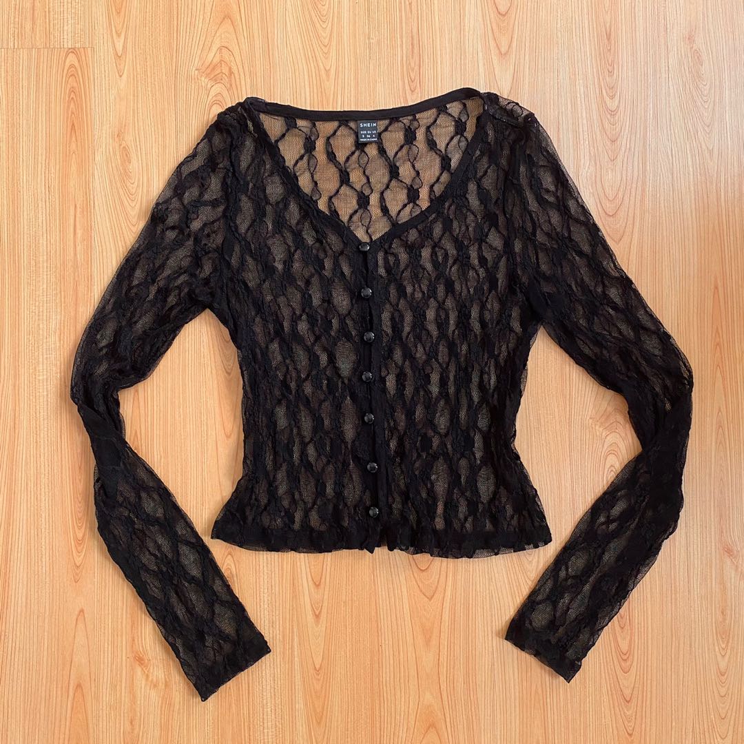 Old Money Black Lace Mesh Crop Sheer Cardigan, Women's Fashion, Tops ...