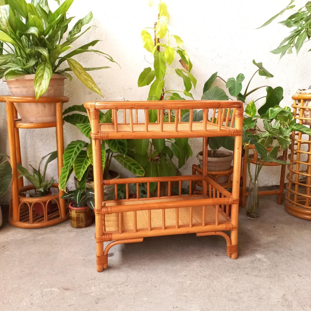 2 tier rattan shelf rack coffee nook pantry organizer side table bar ...