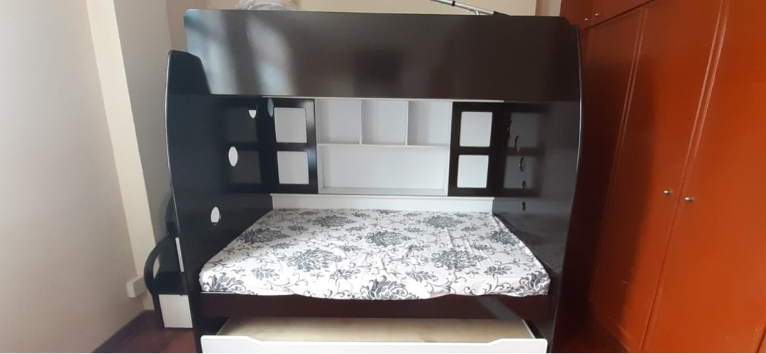 Double decker bed with 3 layers, Furniture & Home Living, Bedding ...