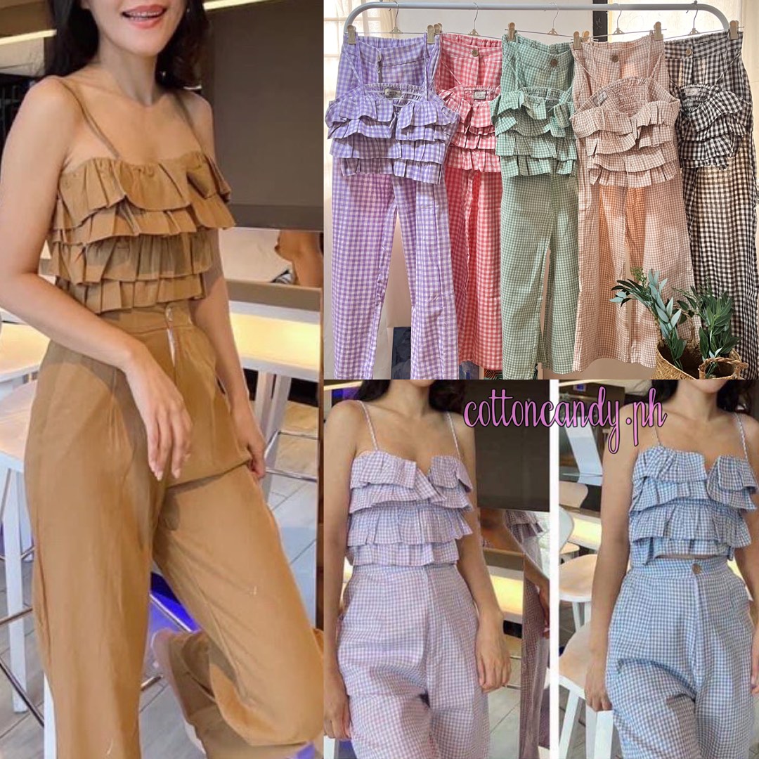 PREMIUM Bangkok plaid checkered gingham beach crop top trouser pants ...