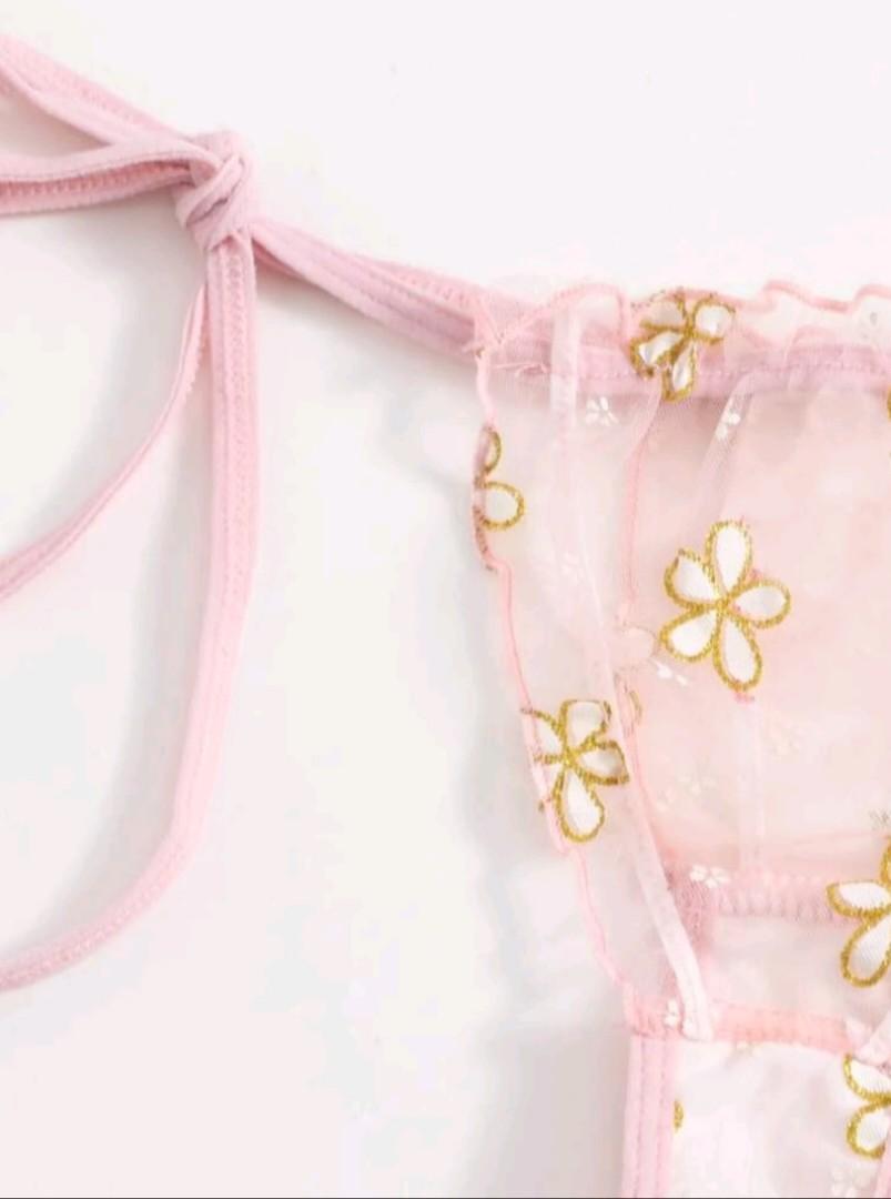 SHEIN Pink Floral Pattern Sheer Mesh Frill Lingerie Bra Panty Panties ...