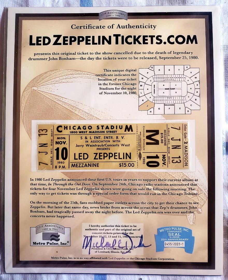 Vintage unused Led Zeppelin ticket with Certificate of Authenticity ...