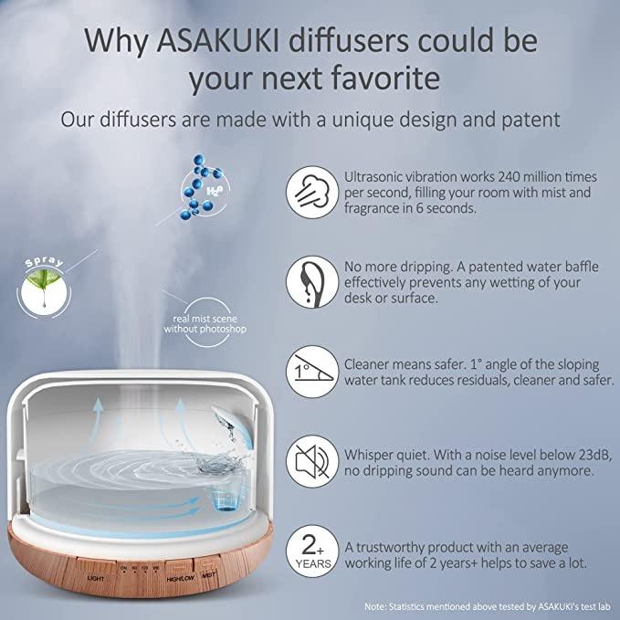 ASAKUKI 500ml Essential Oil Diffuser, Premium 5 In 1 Ultrasonic Aromatherapy Scented Oil ...