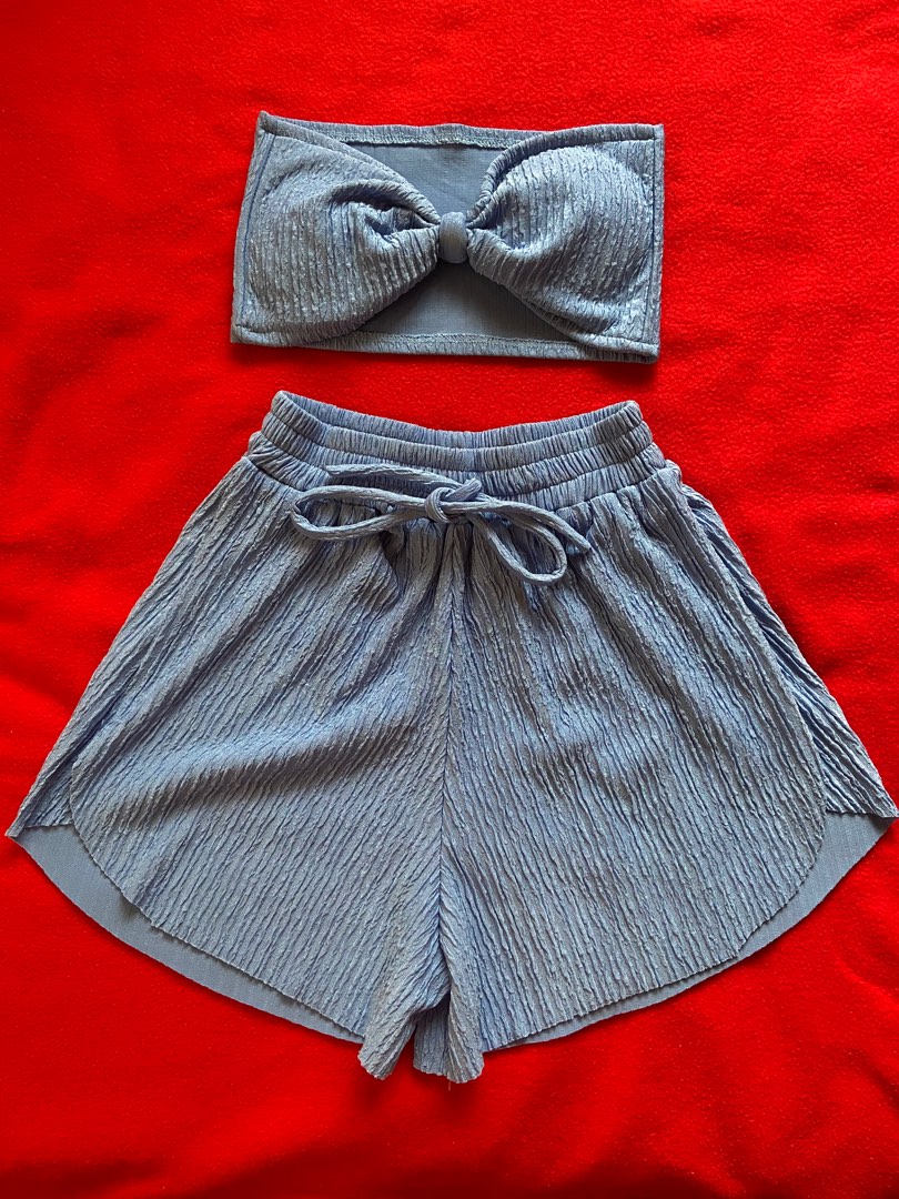 Beach co-ord set (textured ribbon top + dolphin shorts), Women's ...