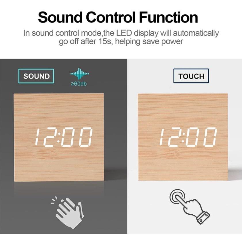LED Wooden Alarm Clock Table Voice Control Digital Wood Despertador ...