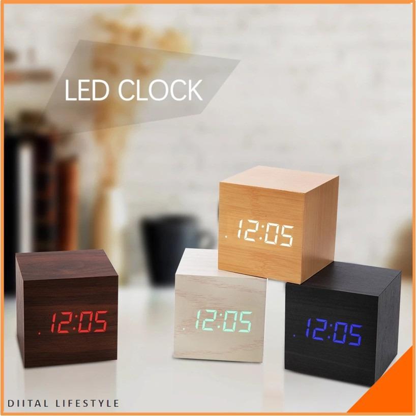 LED Wooden Alarm Clock Table Voice Control Digital Wood Despertador ...