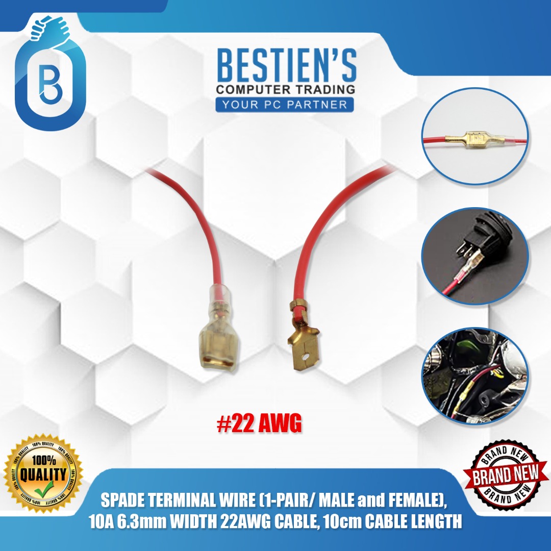 SPADE TERMINAL WIRE (1-PAIR/ MALE and FEMALE), 10A 6.3mm WIDTH 22AWG ...