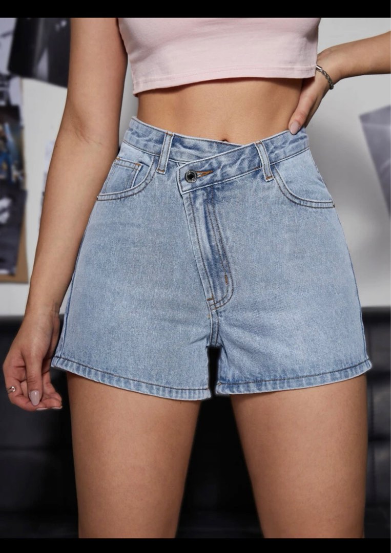 Asymmetrical waist denim shorts, Women's Fashion, Bottoms, Shorts on ...