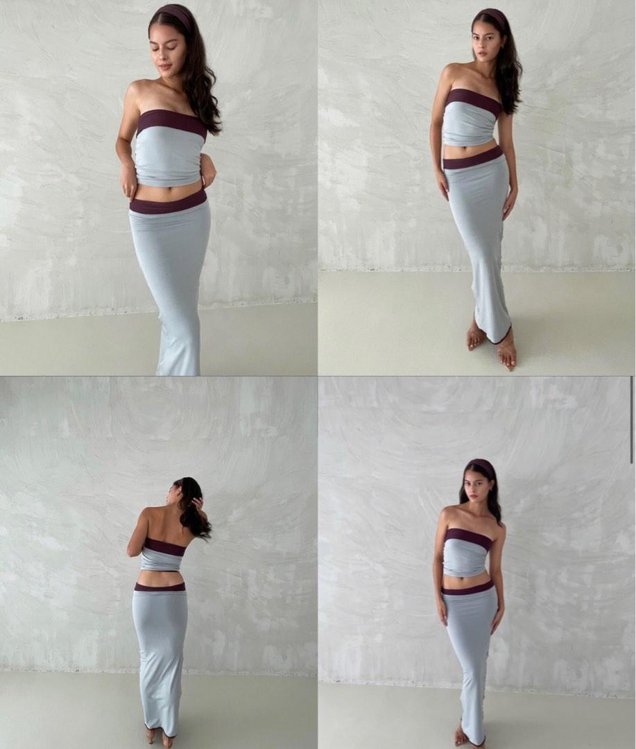 BNWT angelique manto x undo studio - long skirt and tube top (blue-brown/mauve) size small ...