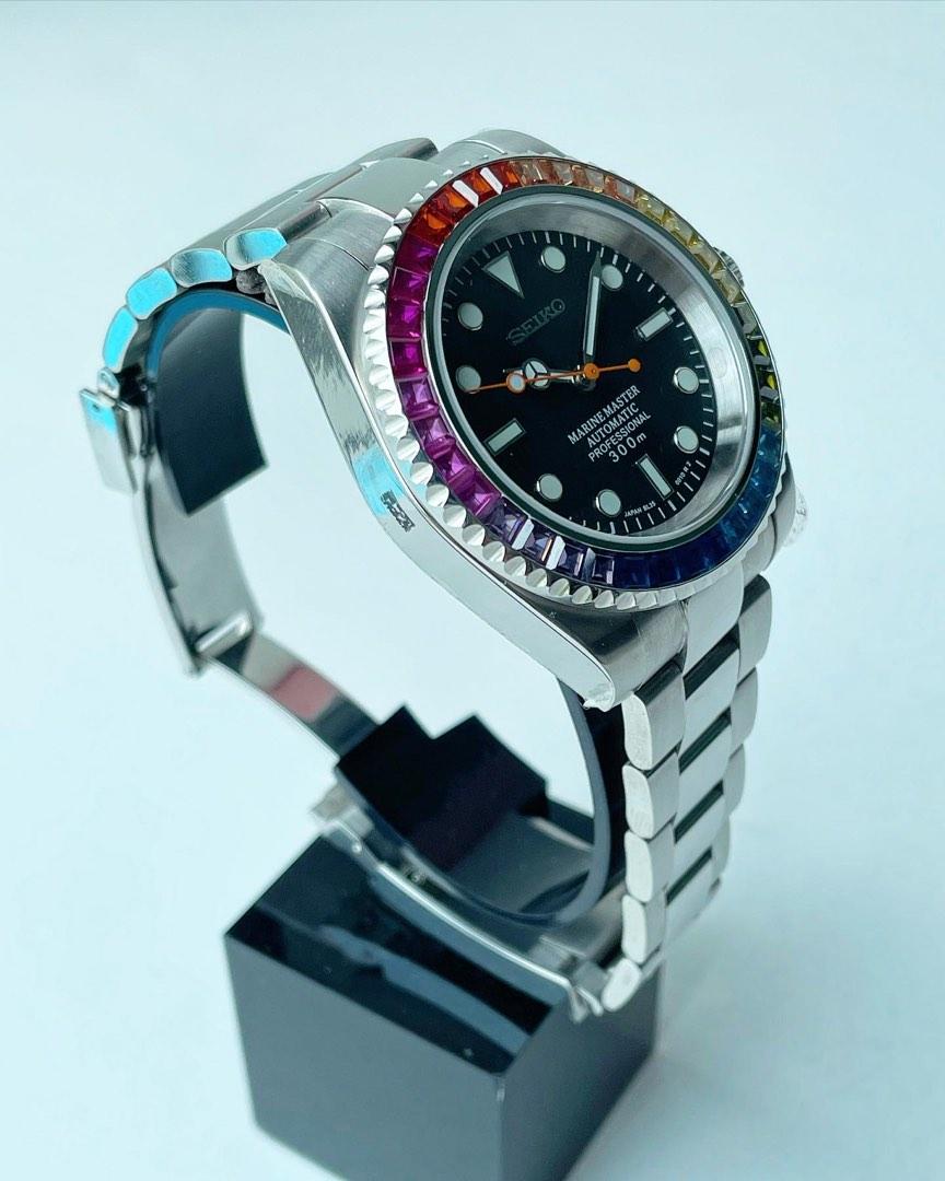 Custom Seiko Mod 40mm Black Rainbow Diamond Submariner Automatic Watch ...