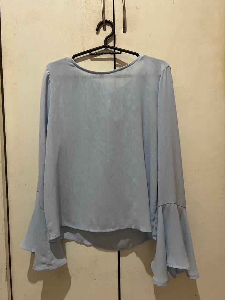 Light Blue Bell Sleeve Office Top, Women's Fashion, Tops, Longsleeves ...