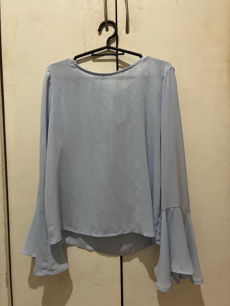 Light Blue Bell Sleeve Office Top, Women's Fashion, Tops, Longsleeves ...