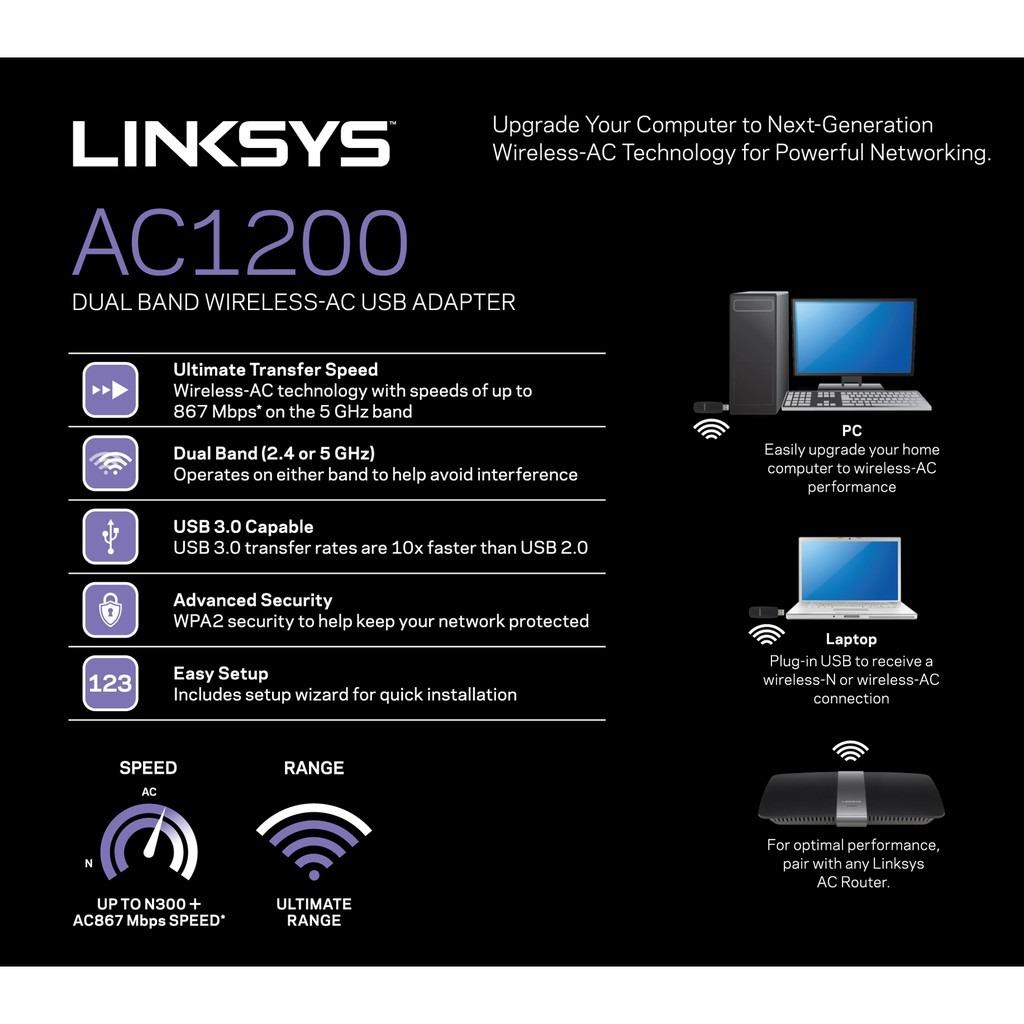 Linksys Dual-Band WiFi 5 USB Adapter AC1200 Wireless WUSB6300 Adapter ...