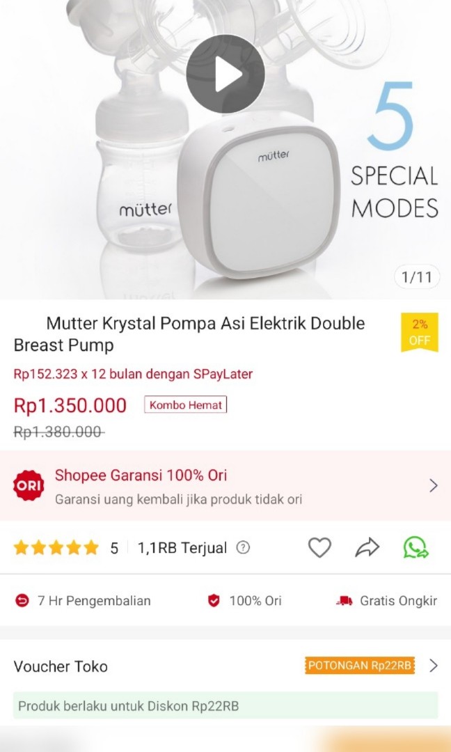 Mutter krystal breast pump pompa asi, Bayi & Anak, Lainnya di Carousell