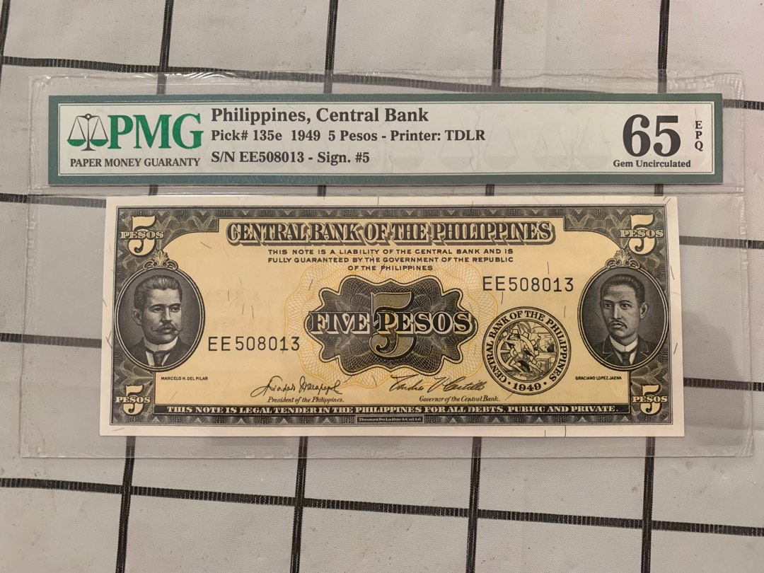 1949 Philippine 5 Peso Note PMG 65, Hobbies & Toys, Memorabilia ...