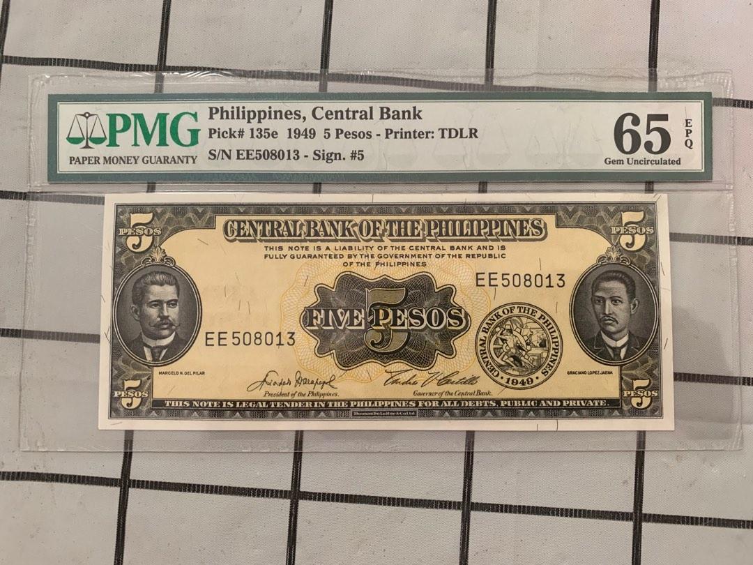 1949 Philippine 5 Peso Note PMG 65, Hobbies & Toys, Memorabilia ...