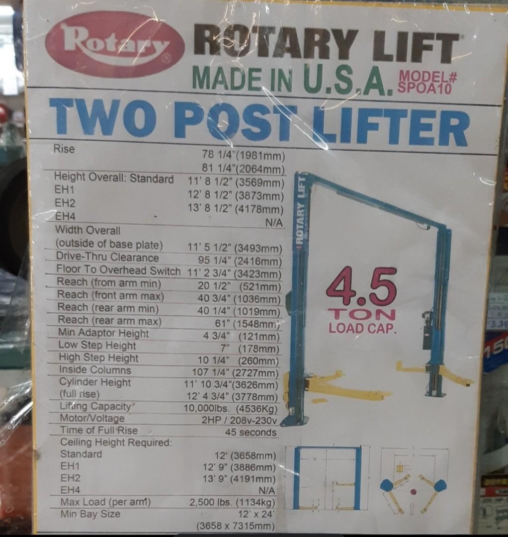 2 post posts LIFT lifter lifters two car garage maintenance bay SPOA10 ROTARY LIFT USA 4.5 tons ...