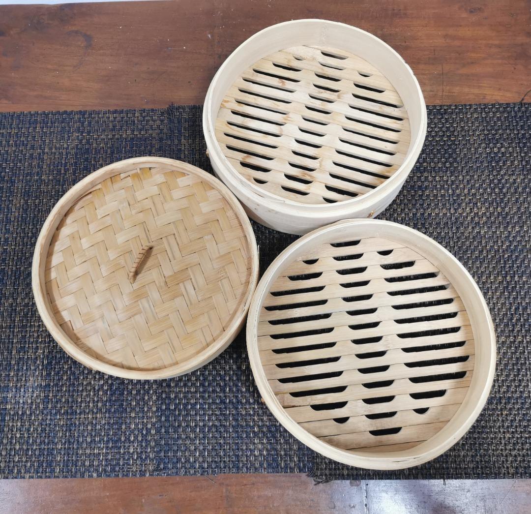 2 tier bamboo basket dim sum steamers with cover, Furniture & Home ...