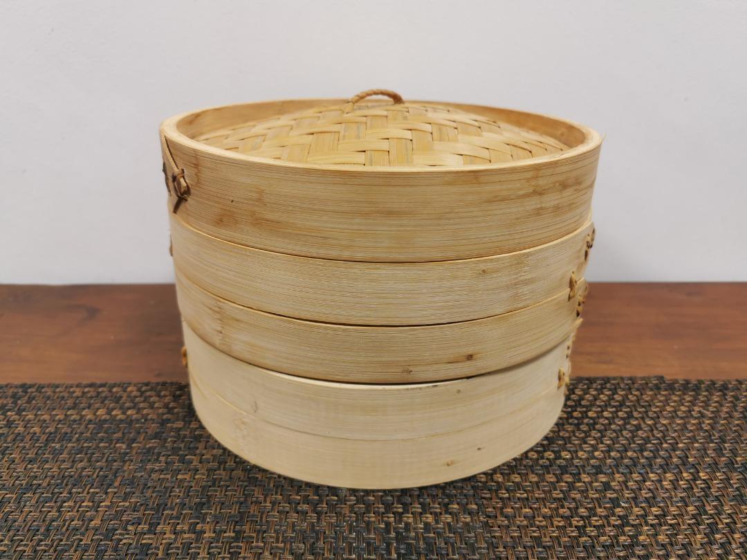 2 tier bamboo basket dim sum steamers with cover, Furniture & Home ...