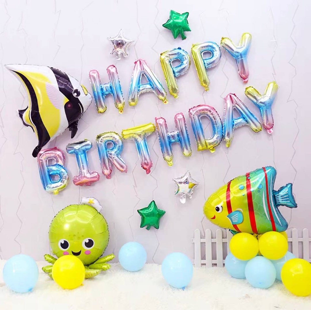 Ocean Sea Creatures Theme HBD Rainbow Octopus Angel Fish Children Kids ...
