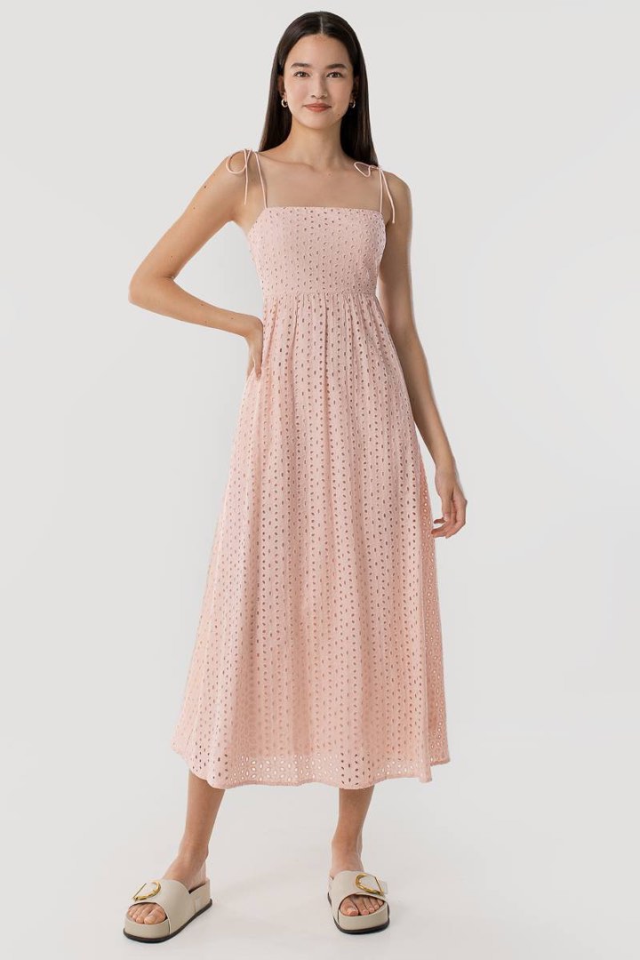 Pretty in eyelet tie string maxi dress in salmon pink, Women's Fashion ...