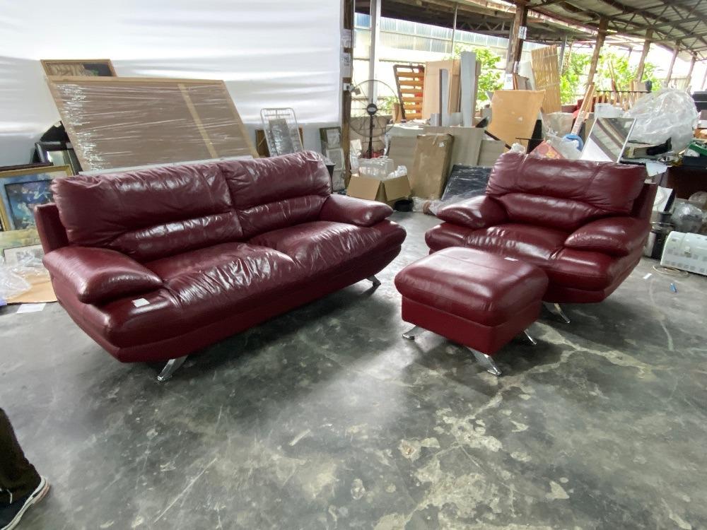 Red Leather 2 + 1 Seater Sofa Set with Stool / Set Sofa Kulit Merah 2 ...