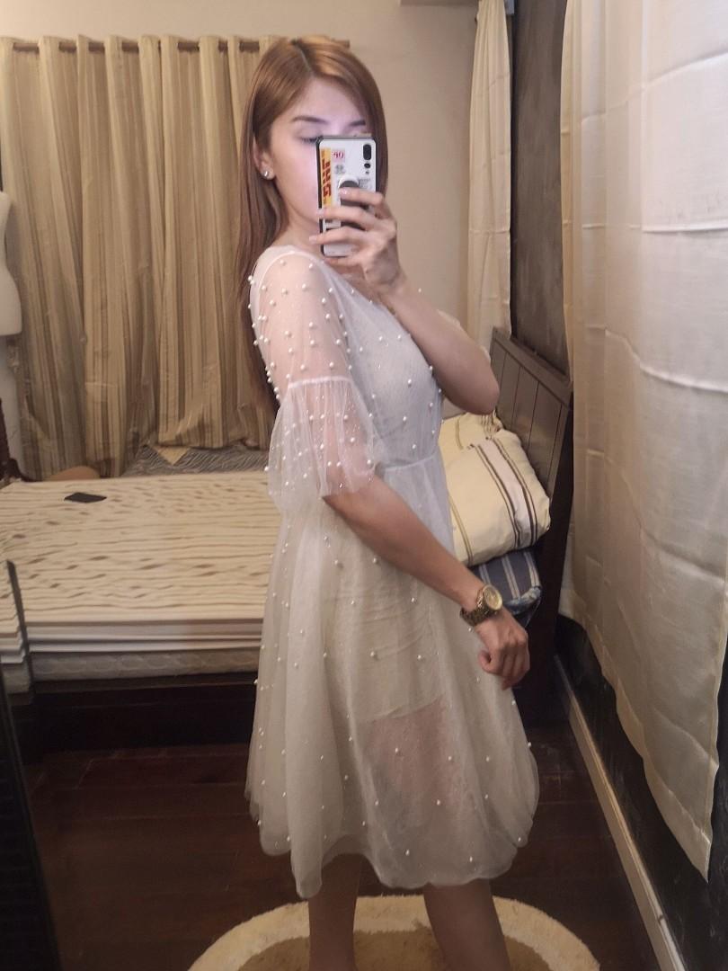 White Ethereal Fully Beaded Bellw Sleeves Dress, Women's Fashion ...