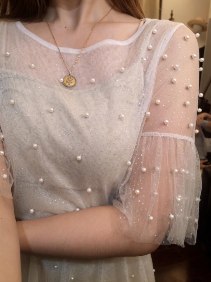 White Ethereal Fully Beaded Bellw Sleeves Dress, Women's Fashion ...