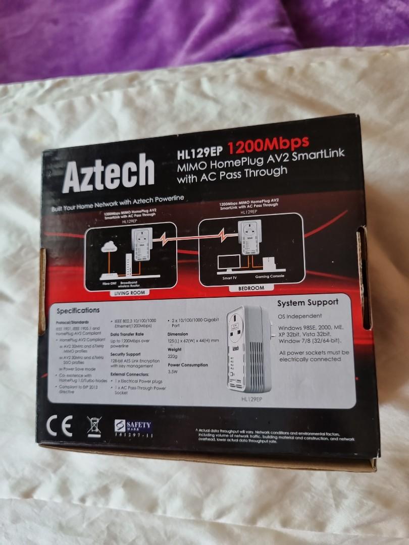 Aztech HL129EP 1200Mbps MIMO Homeplug AV2 Smartlink with AC Pass ...