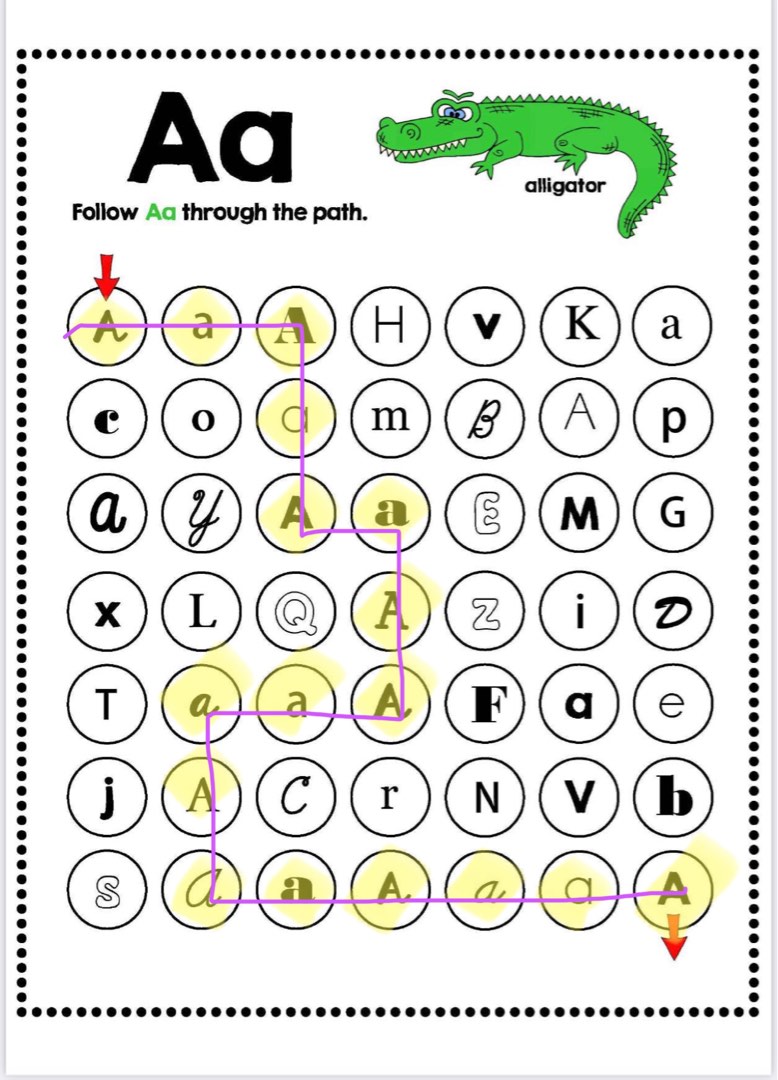 English Alphabet A-Z Maze Worksheet for children preschoolers N,K1, K2 ...