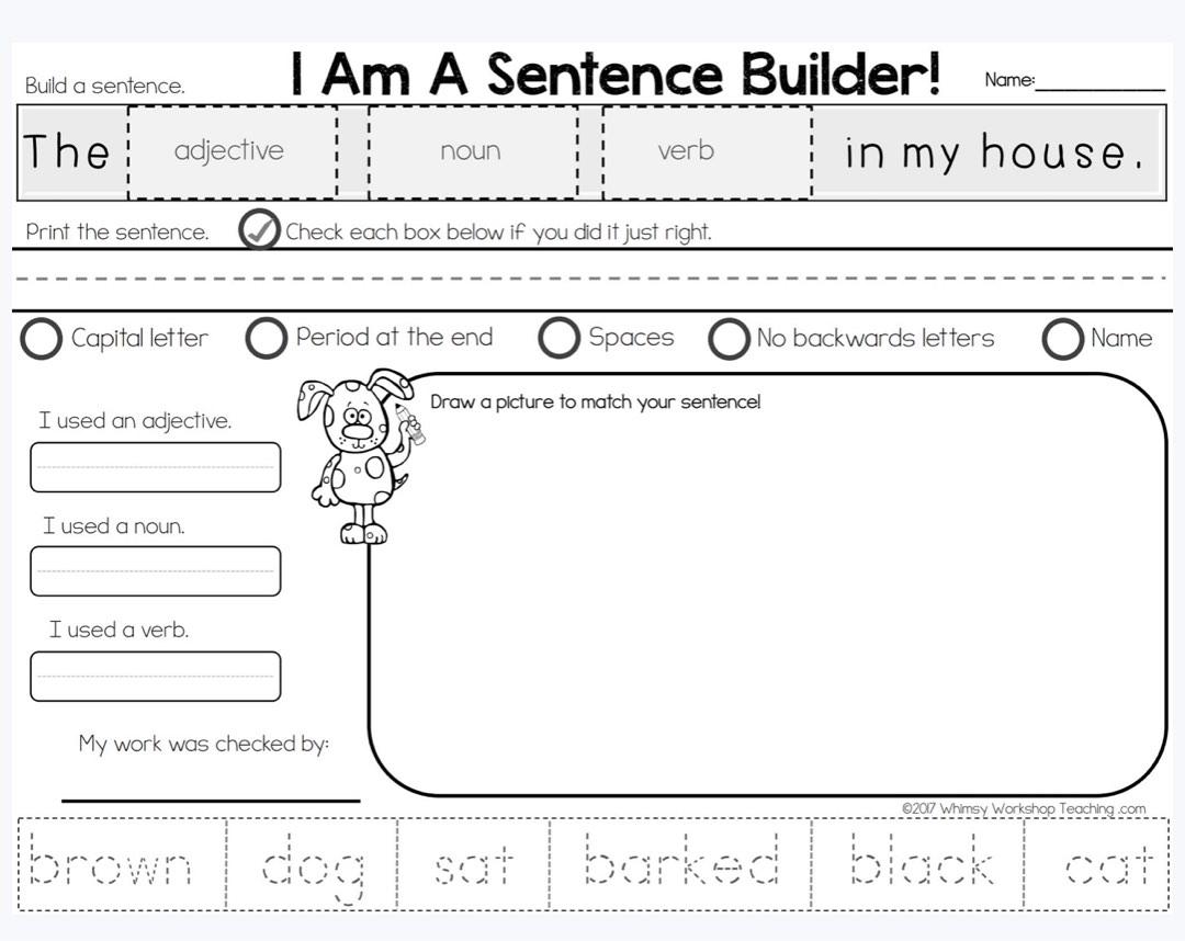 English Sentence Building Worksheet for children preschoolers N,K1, K2 ...