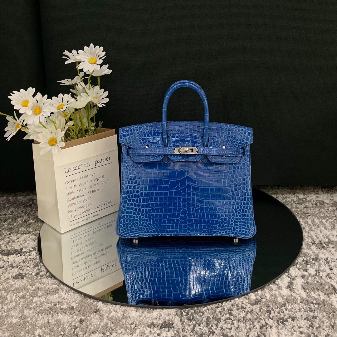 Hermes Birkin 25 Blue Zellige Shiny Croc leather PHW, Women's Fashion ...