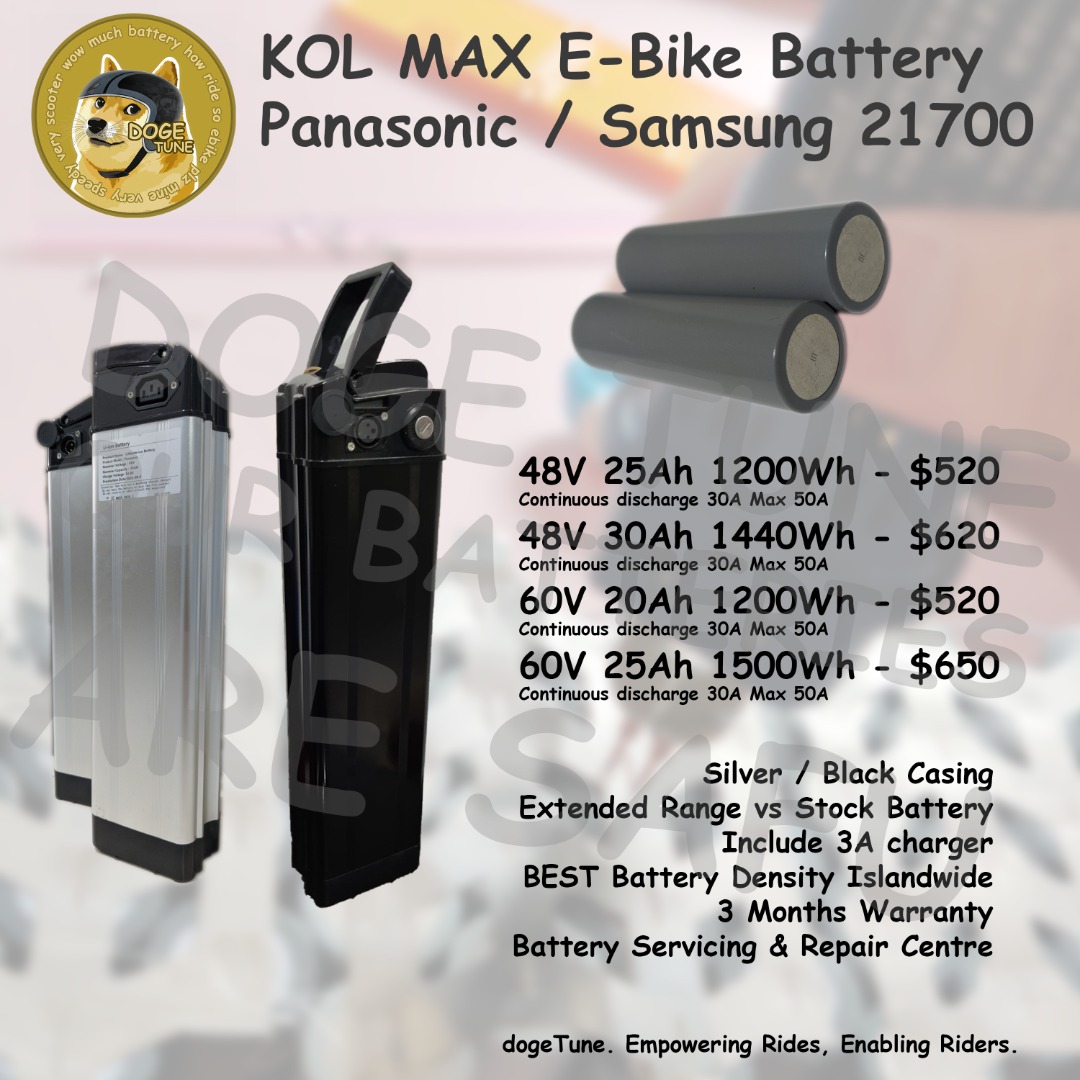 Kol Max+ eBike Battery 48V 25AH 48V 30AH 60V 20AH 60V 25AH Panasonic ...