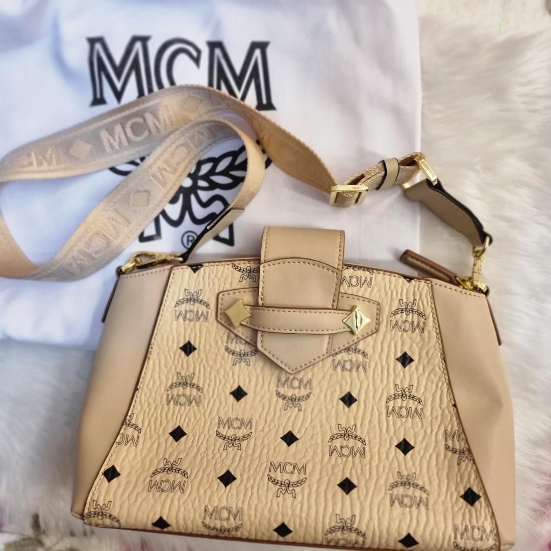 MCM Cream Sling Bag, Luxury, Bags & Wallets on Carousell
