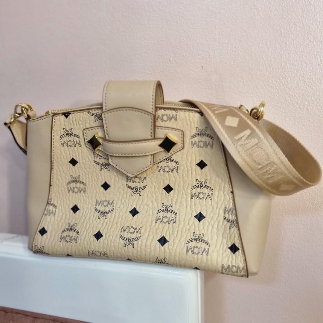 MCM Cream Sling Bag, Luxury, Bags & Wallets on Carousell
