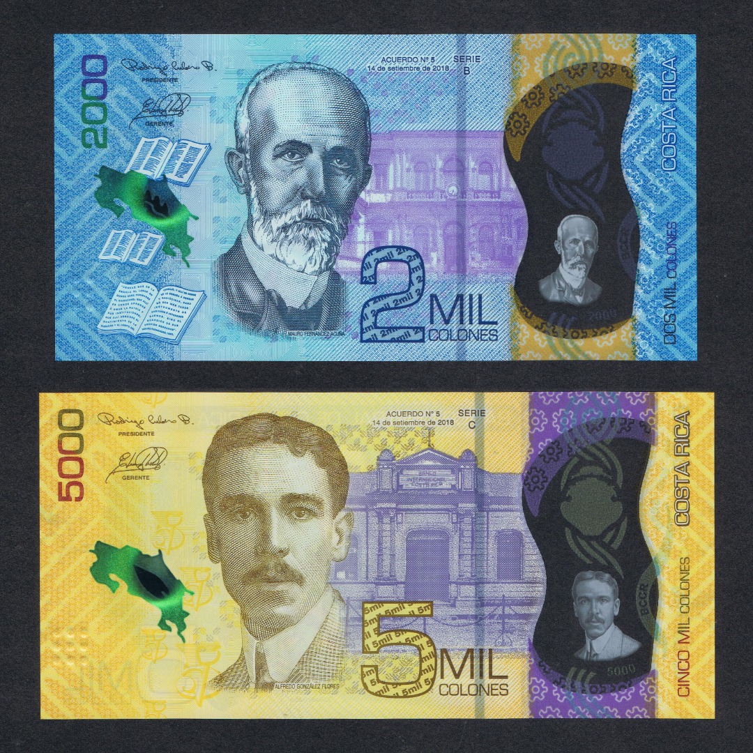 SET 2018/2020 COSTA RICA 2000 5000 COLONES POLYMER P-281 282 UNC ...