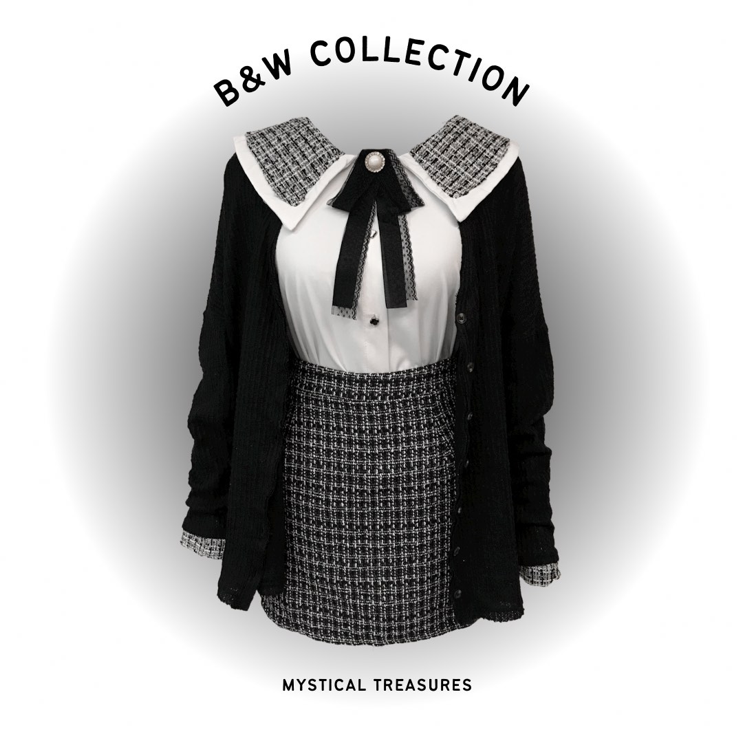 Set: Tattered Button Down Cardigan + Tweed Collar Design Longsleeves ...