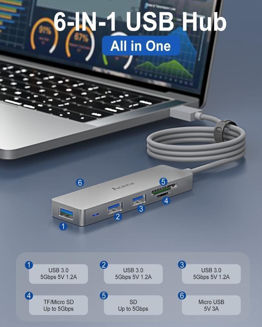 SJ002 6 in 1 USB 3.0 Hub with 1.2M Extended Cable, Micro USB Power ...