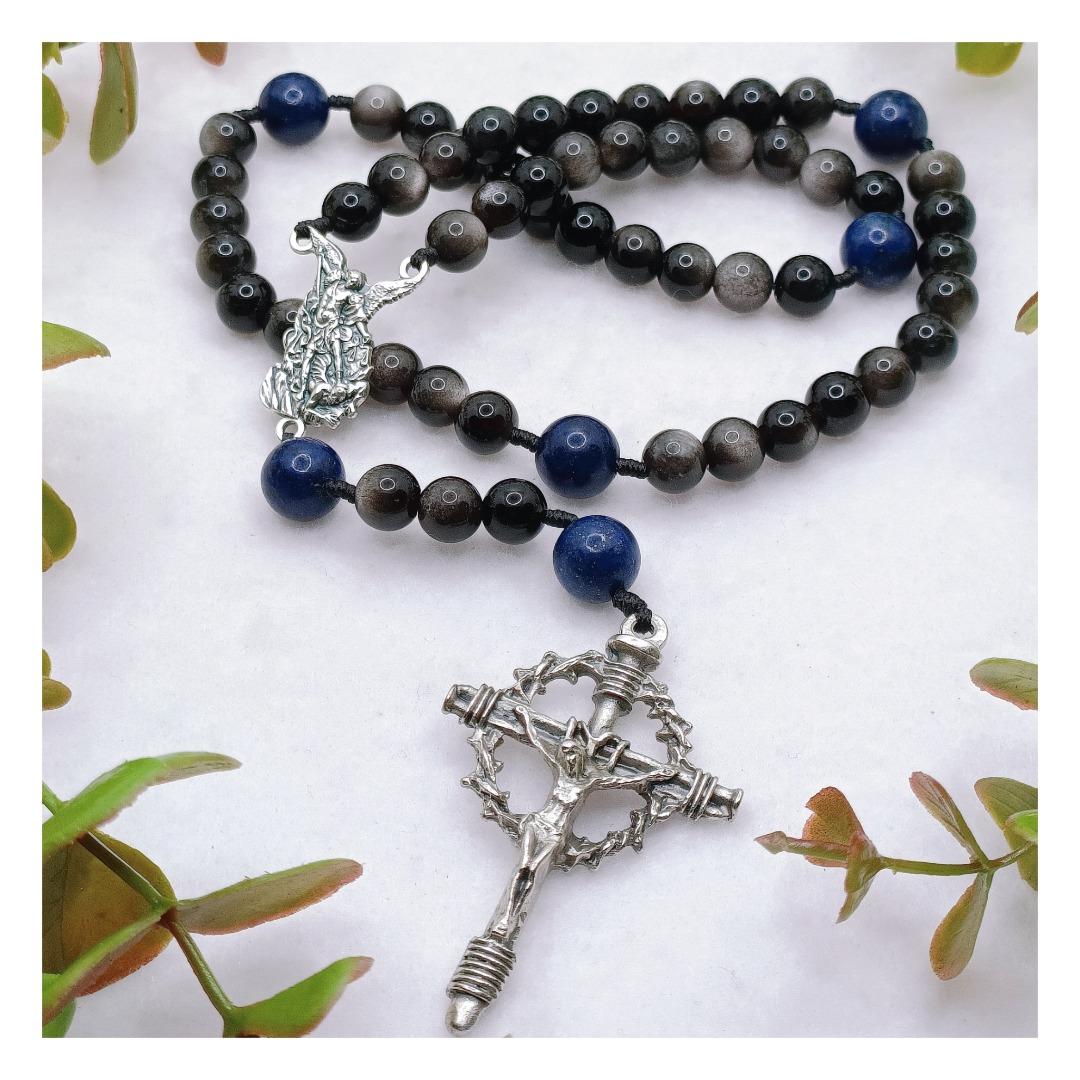 St Michael Archangel Rosary, Silver Black Obsidian, Blue Lapis Lazuli ...