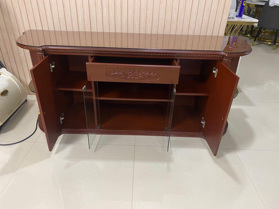 Mahogany plywood Classic tv console cabinet drawer with glass top ...